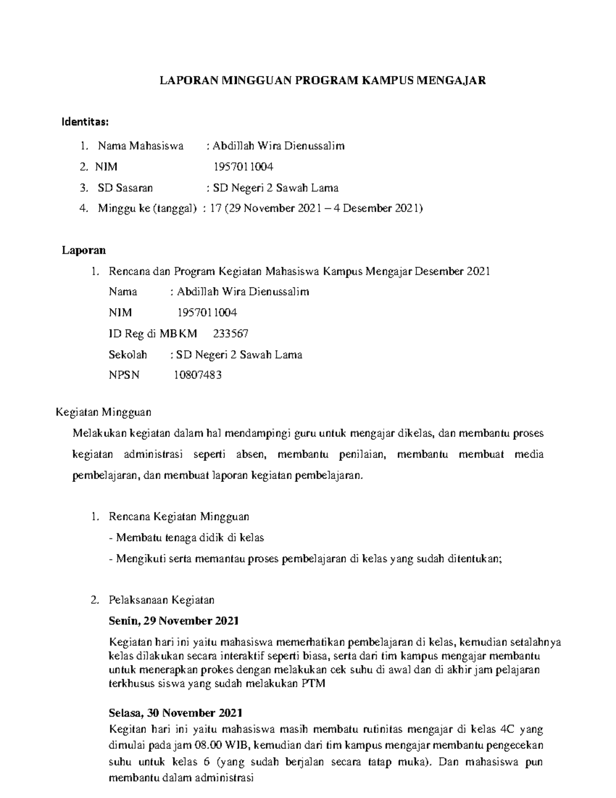 Laporan Mingguan Ke 17 KM2 Abdillah Wira Dienussalim Universitas ...