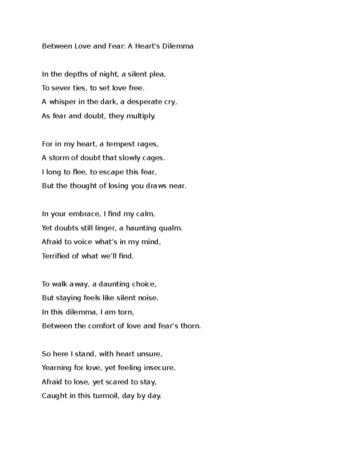 Between Love and Fear, A Heart's Dilemma - Between Love and Fear: A ...