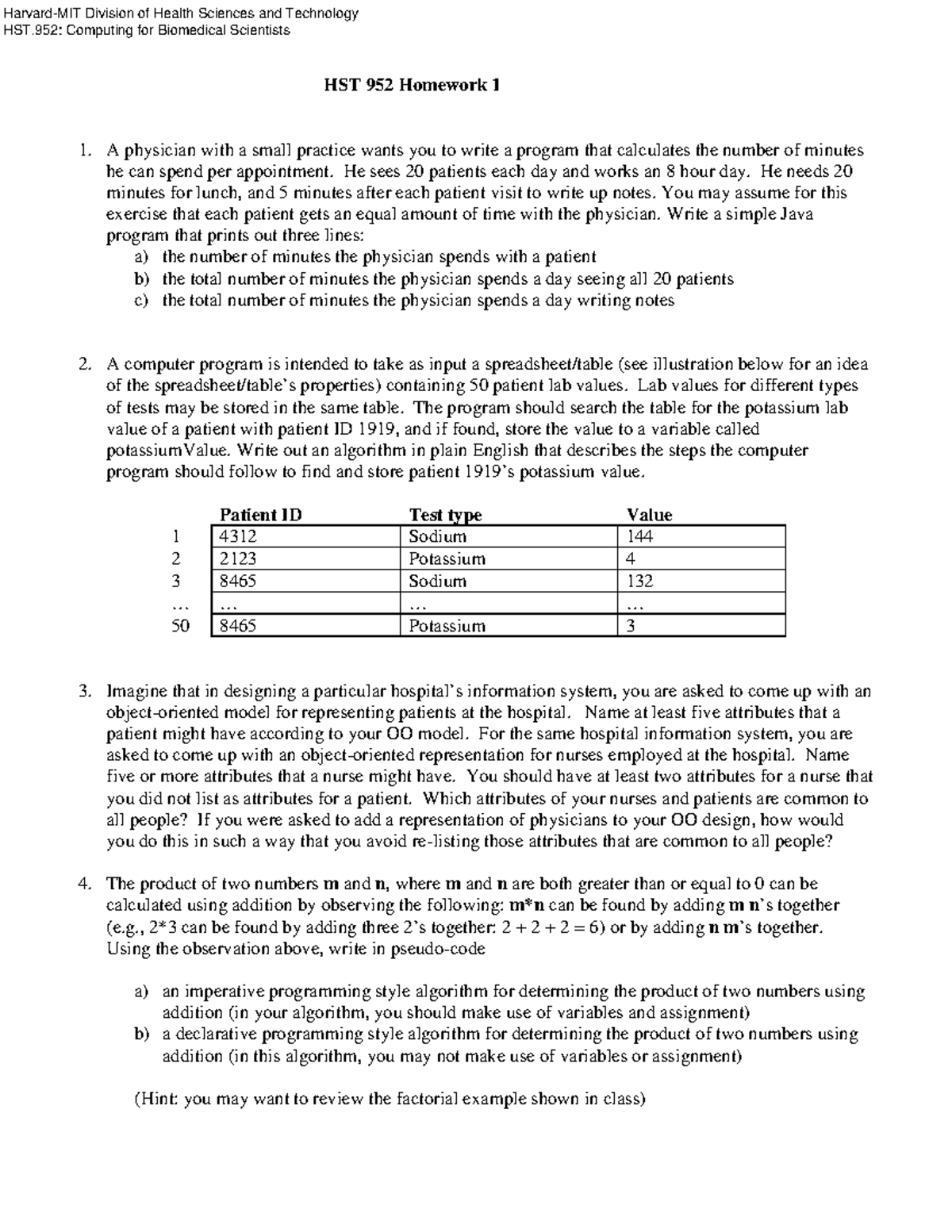 Homework 1 - Lecture notes 5 - HST 952 Homework 1 A physicia n with a ...