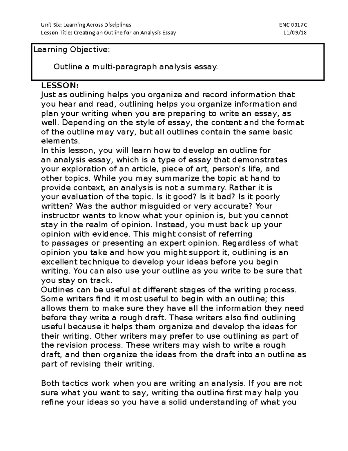 Creating an Outline for an Analysis Essay - LESSON: Just as outlining ...