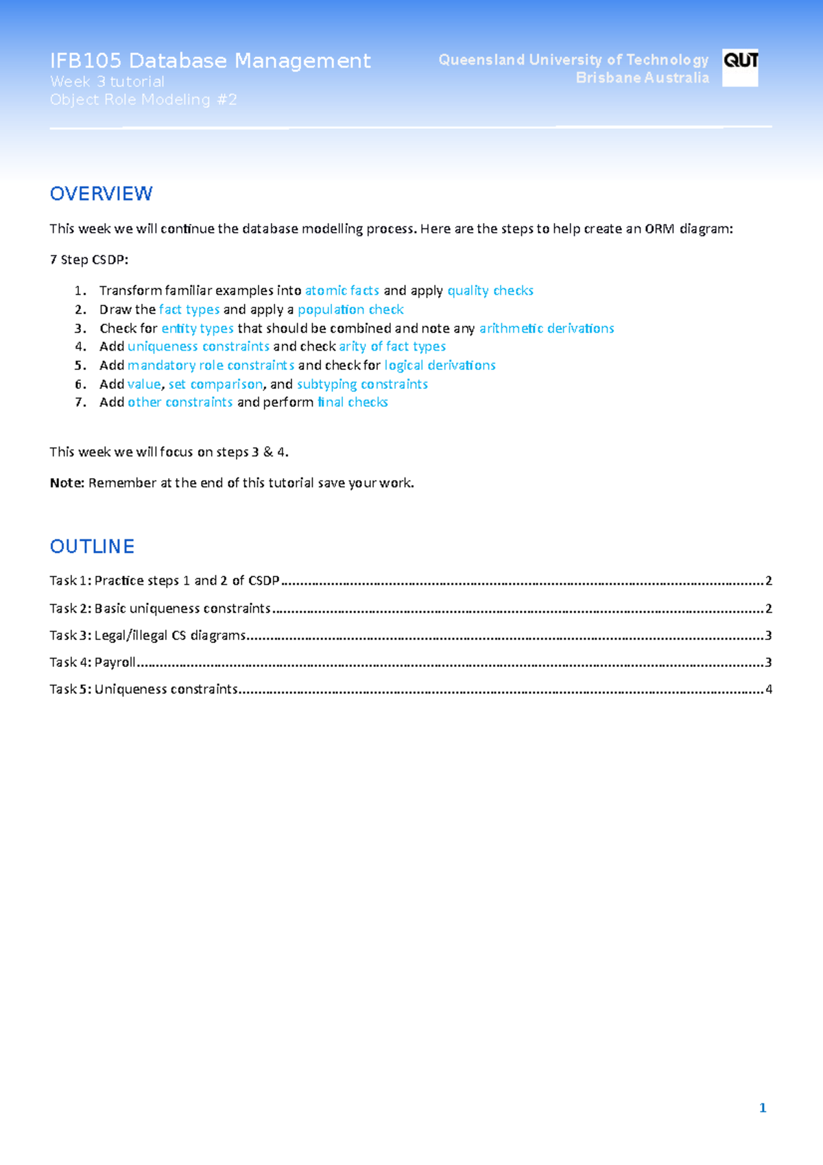 Tutorial week 3 worksheet - IFB105 Database Management Week 3 tutorial Object Role Modeling ...