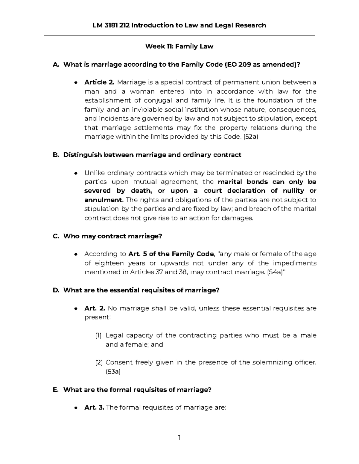 [LM 3181] WEEK 11 - Week 11 Family Law - Week 11: Family Law A. What is ...