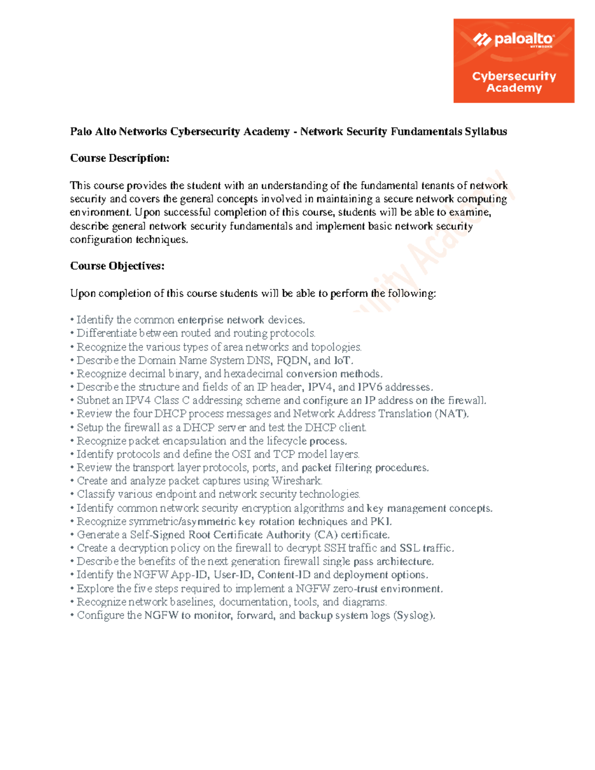 Network Security Fundamentals Syllabus - Upon successful completion of ...