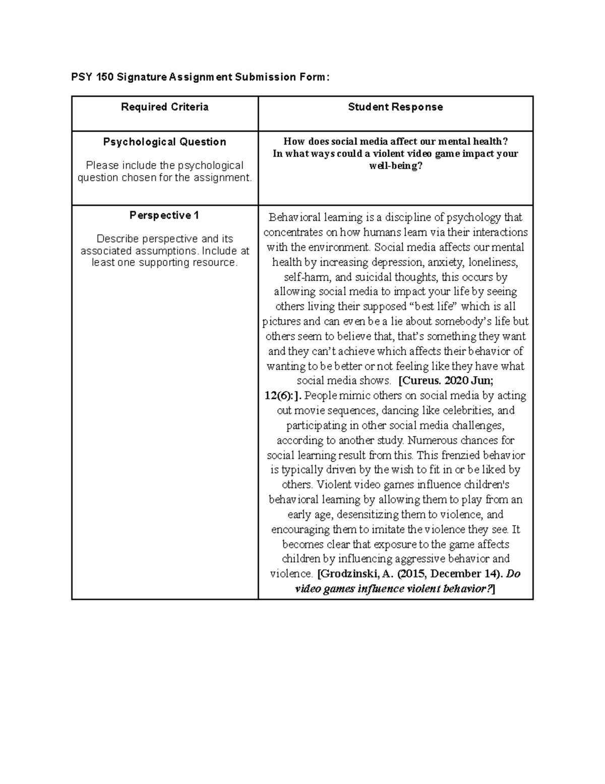 Student Submission Form PSY 150 Signature Assignment 2022 - PSY 150 ...