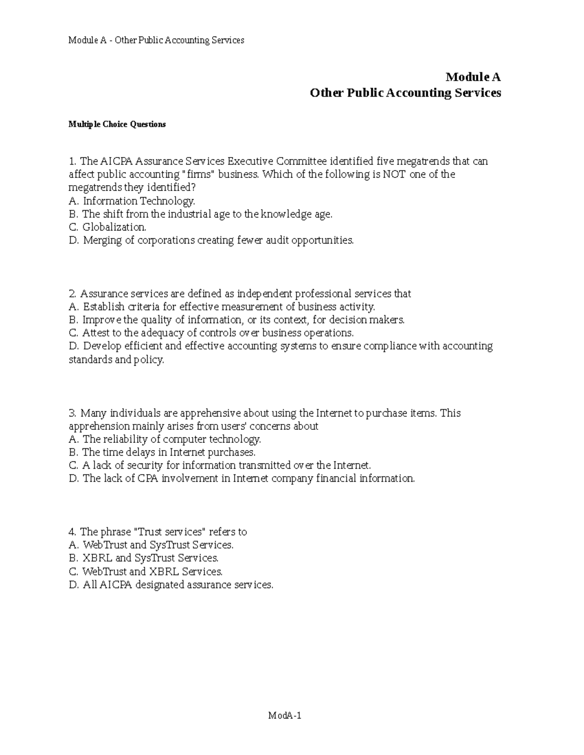 Module A - Audit questions - Module A - Other Public Accounting ...