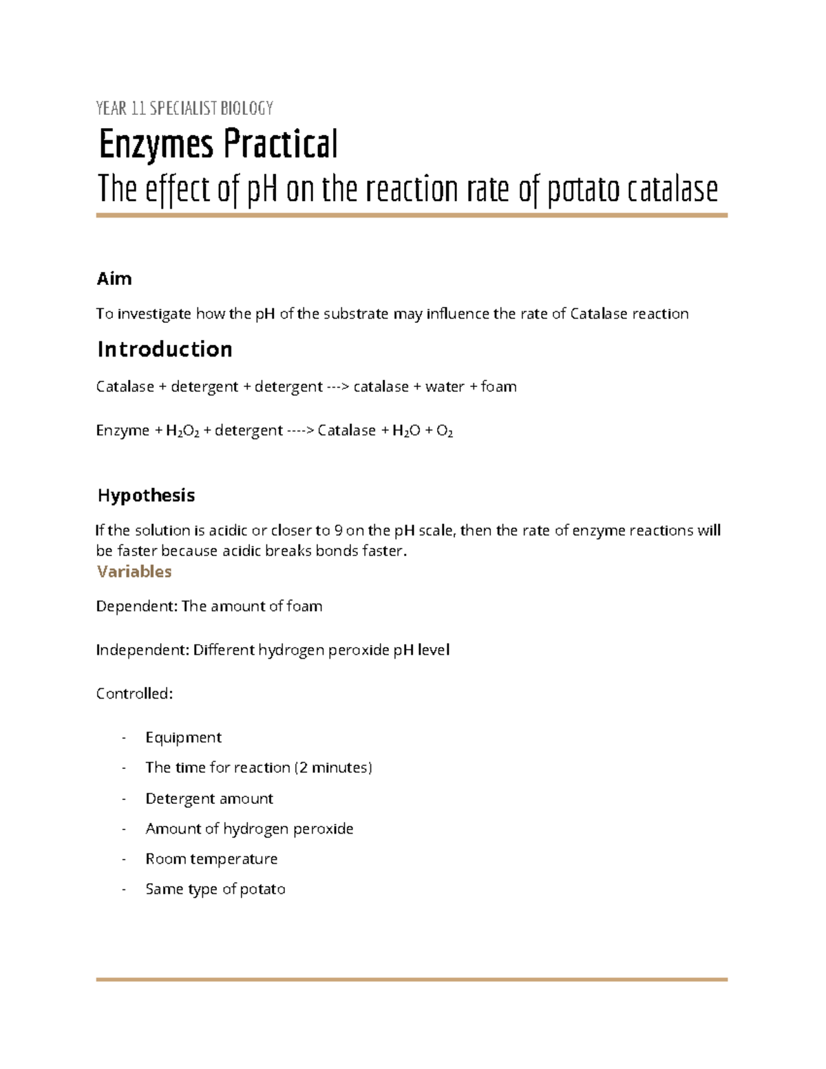 Enzyme Practical Specialist Biology Year 11 - BIOL0000 - Flinders - Studocu