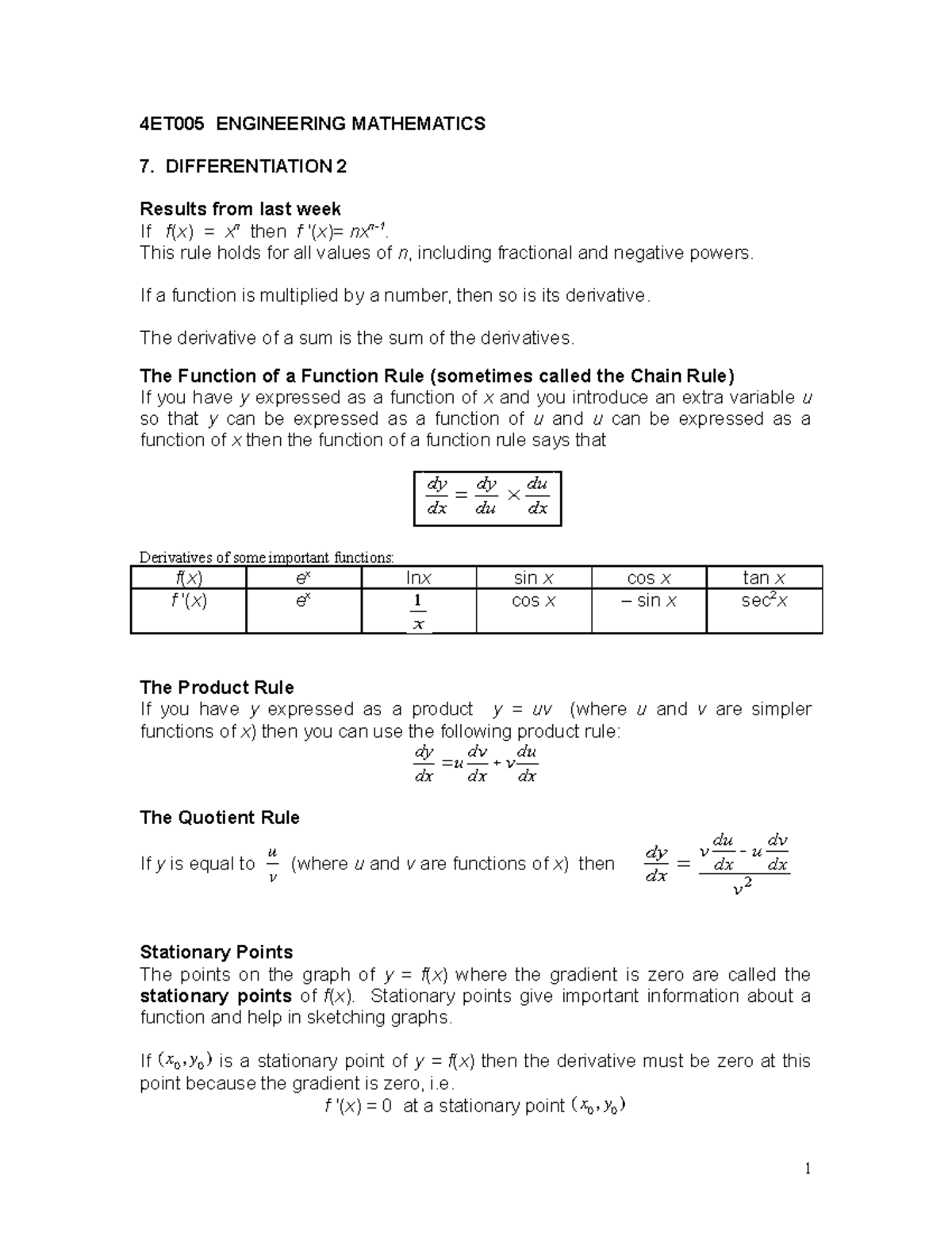 4ET005 lec7 Differentiation - 4ET005 ENGINEERING MATHEMATICS 7 ...