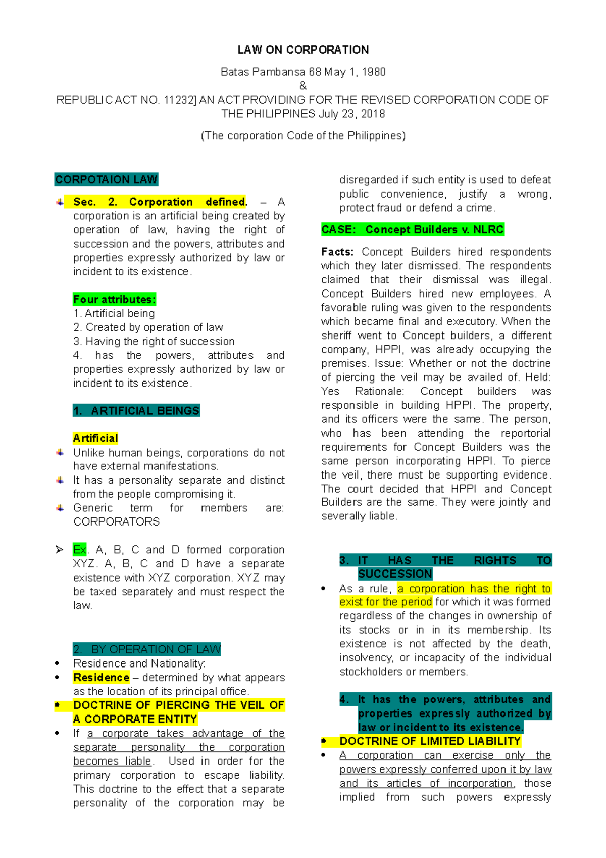 LAW ON Corporation - NOTES - LAW ON CORPORATION Batas Pambansa 68 May 1 ...