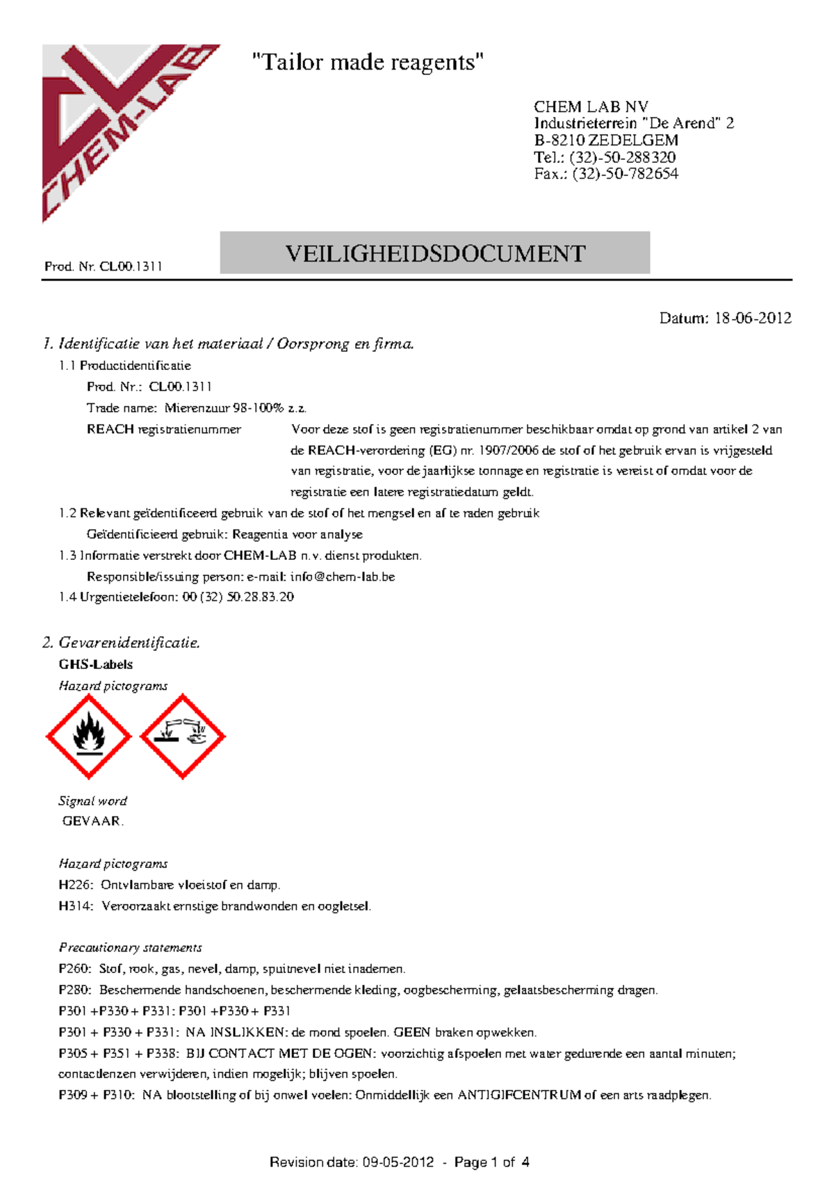 Mierenzuur 98-100% - REACH registratienummer Datum: 18-06- 1 ...