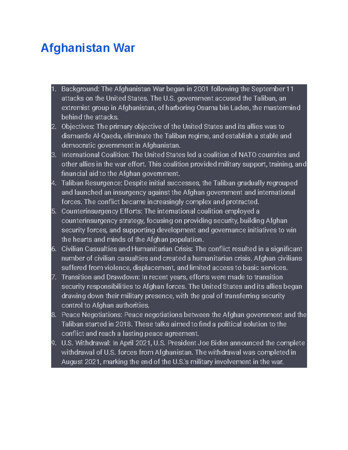 Afghanistan War - notes - Afghanistan War Background: The Afghanistan ...