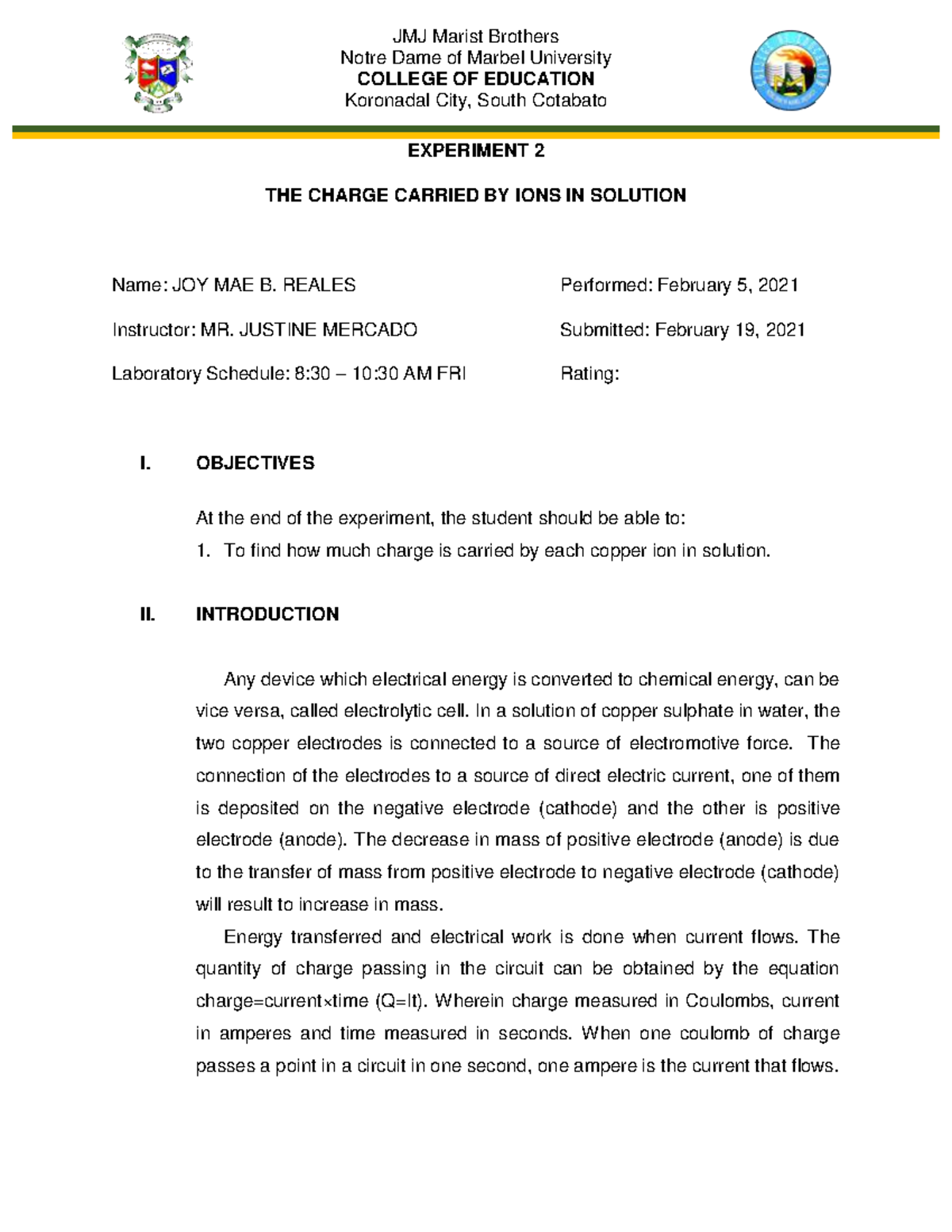 Reales JM LR2 - THE CHARGE CARRIED BY IONS IN SOLUTION - Notre Dame of ...
