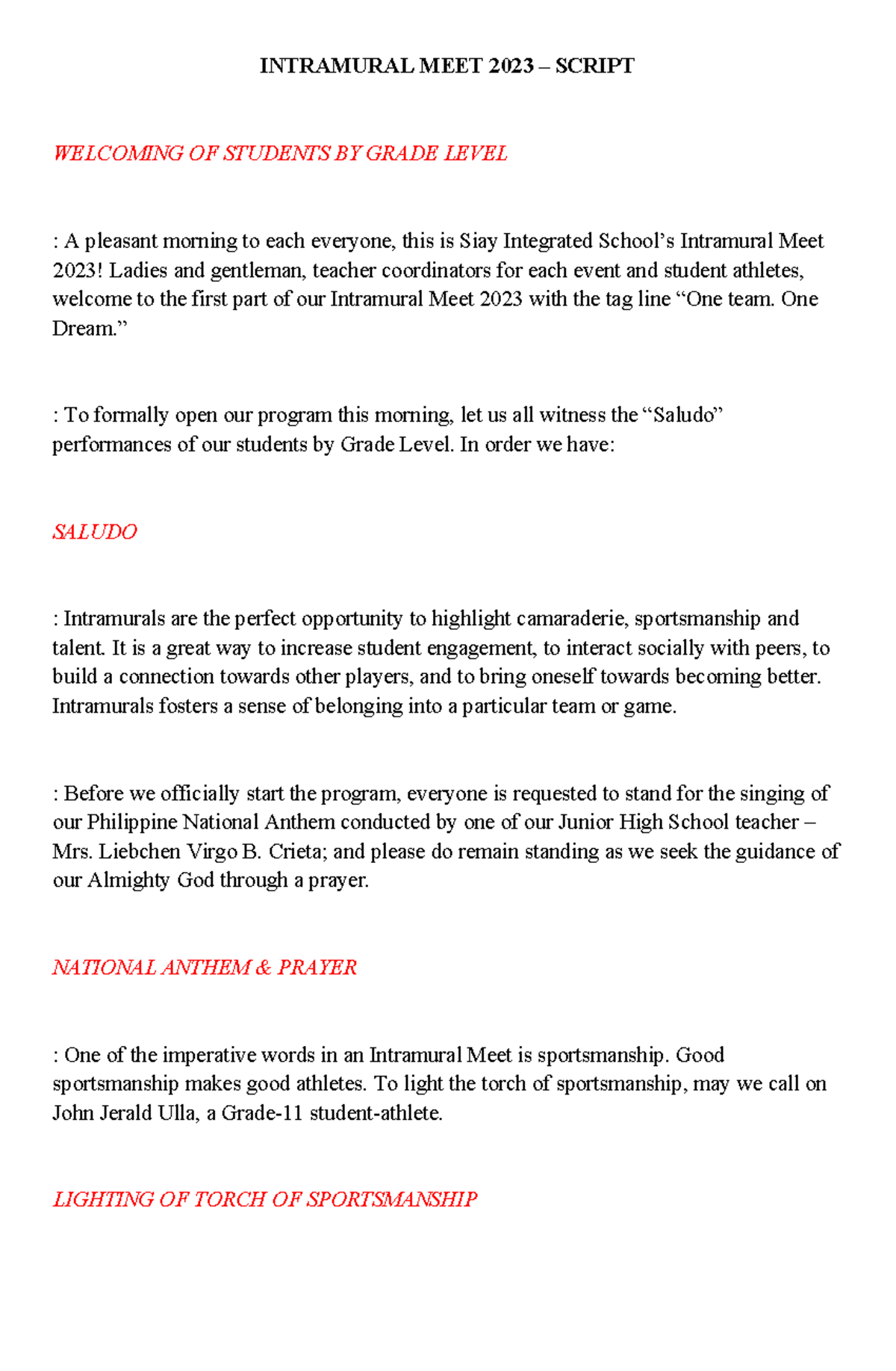 Intramural MEET 2023 - Script - INTRAMURAL MEET 2023 – SCRIPT WELCOMING ...