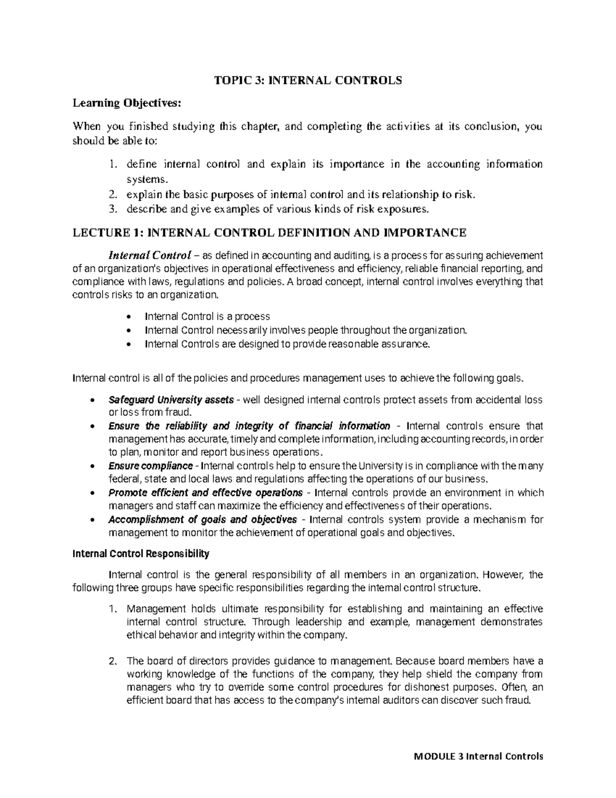 Module 3 Internal Controls - TOPIC 3: INTERNAL CONTROLS Learning Objectives: When you finished ...