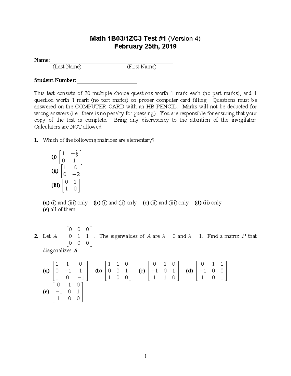 Test1 - Test 1 Math 1ZC3 - Math 1B03/1ZC3 Test #1 (Version 4) February ...