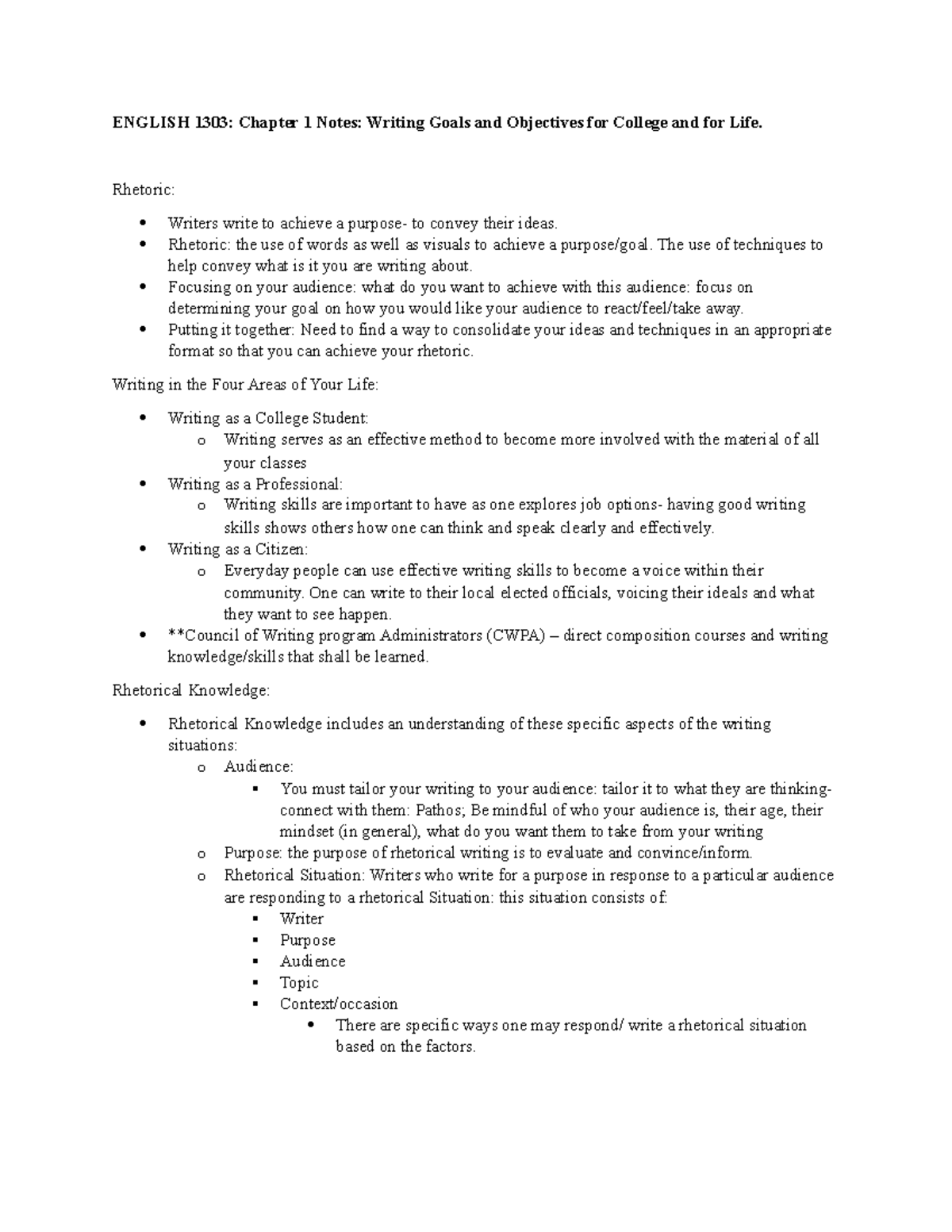 English 1303 Chapter 1 and 2 notes - ENGLISH 1303: Chapter 1 Notes ...