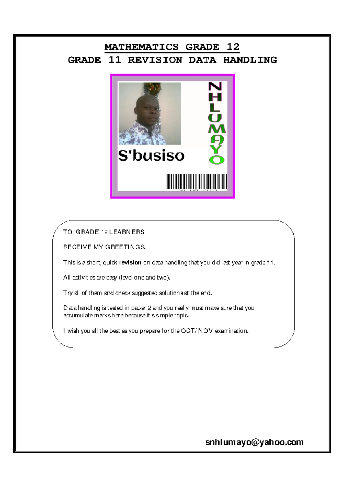 Quick-DATA Handling - Good luck - GRADE 11 REVISION DATA HANDLING TO ...