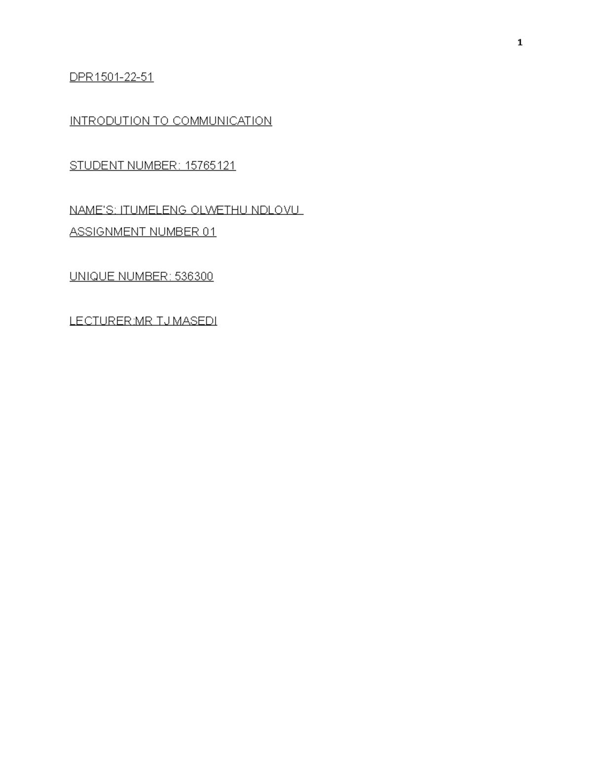 Assignment for INTRODUCTION TO COMMUNICATION DPR1501 - DPR1501-22- INTRODUTION TO COMMUNICATION ...