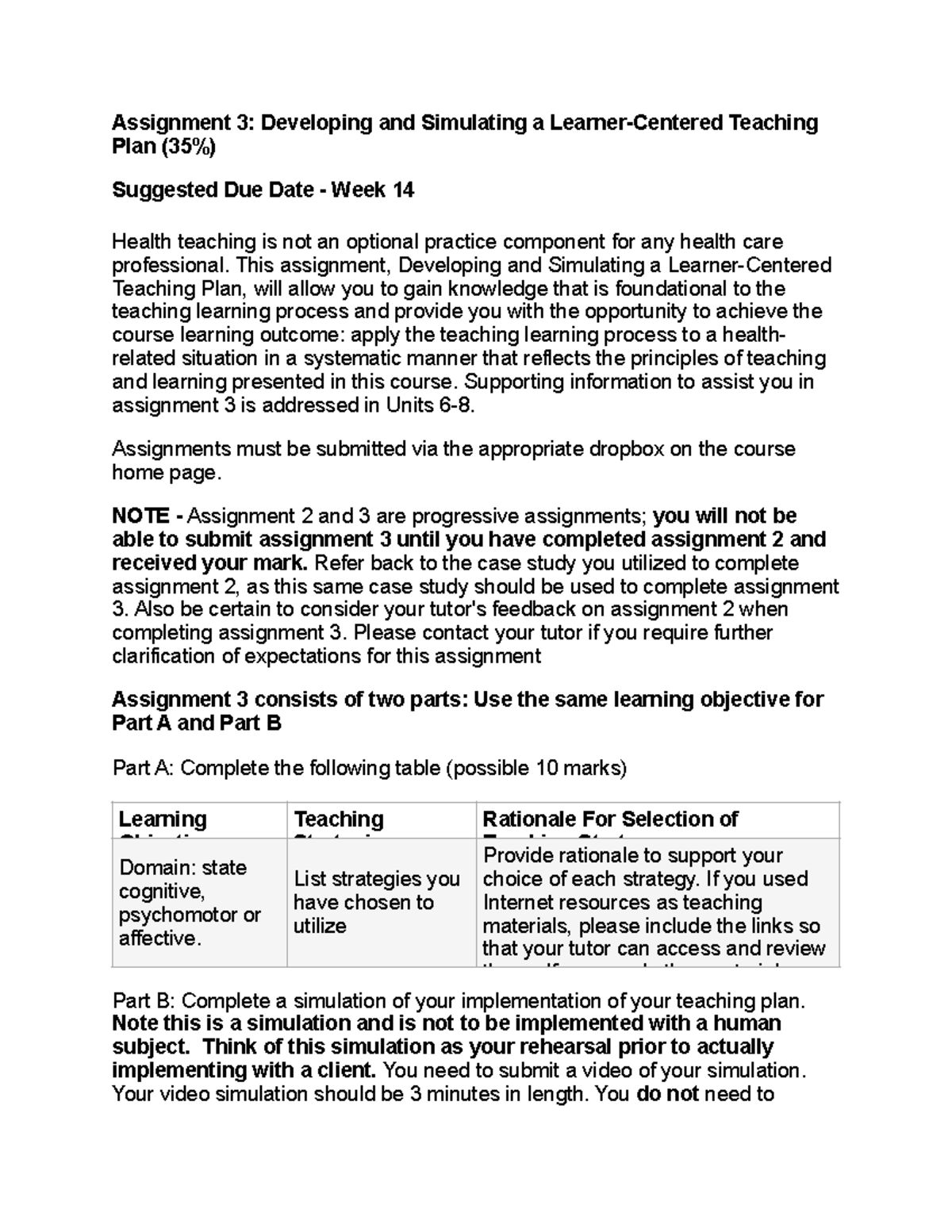 Community Health Concepts - Assignment 3: Developing and Simulating a Learner-Centered Teaching ...