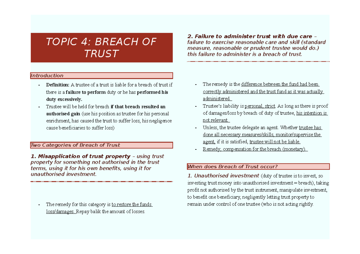 Topic 4 Breach OF Trusts TOPIC 4 BREACH OF TRUST Introduction
