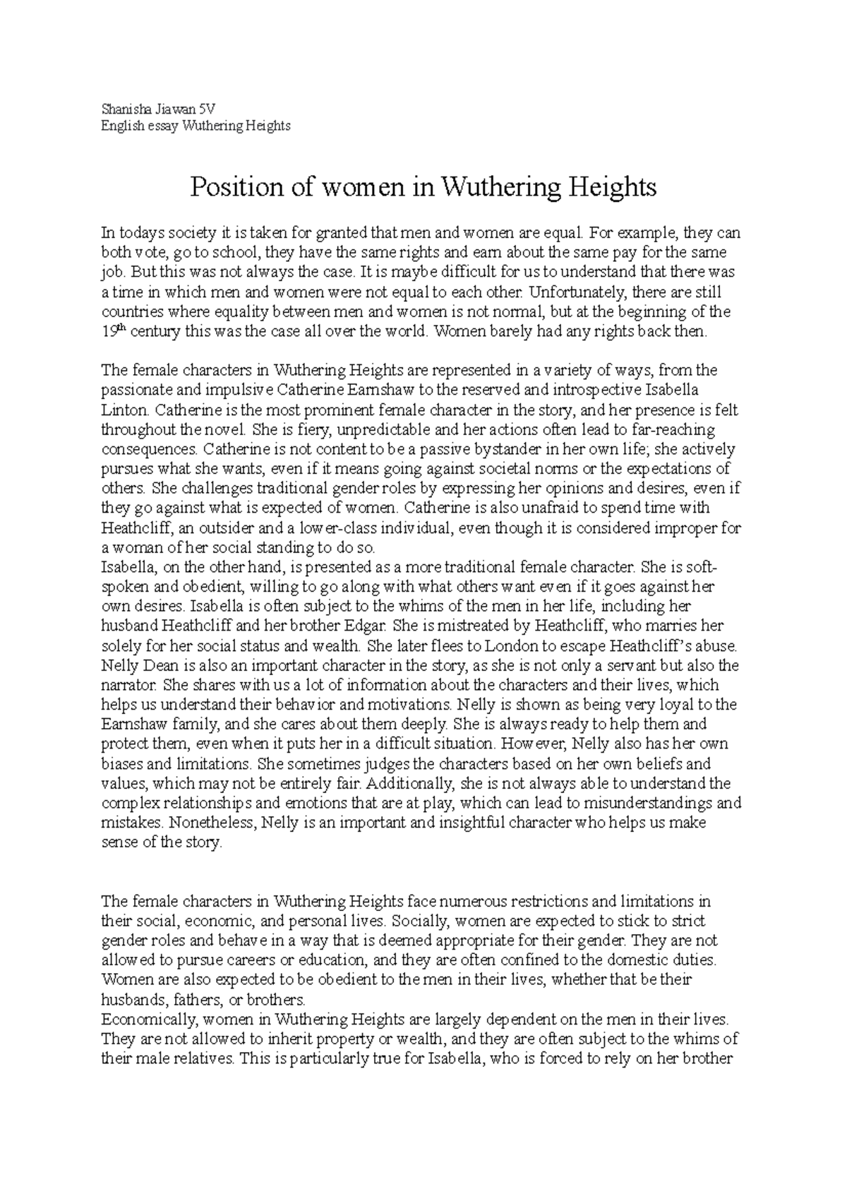 Essay how are women portrayed in withering heights - Shanisha Jiawan 5V ...