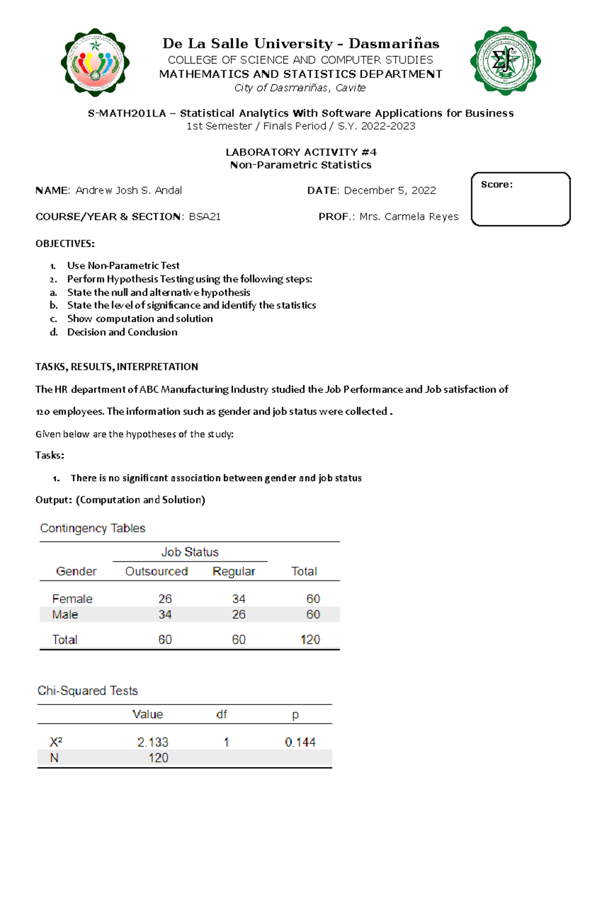 Andal BSA21 Labaratory Exercise 4 - De La Salle University – Dasmariñas ...