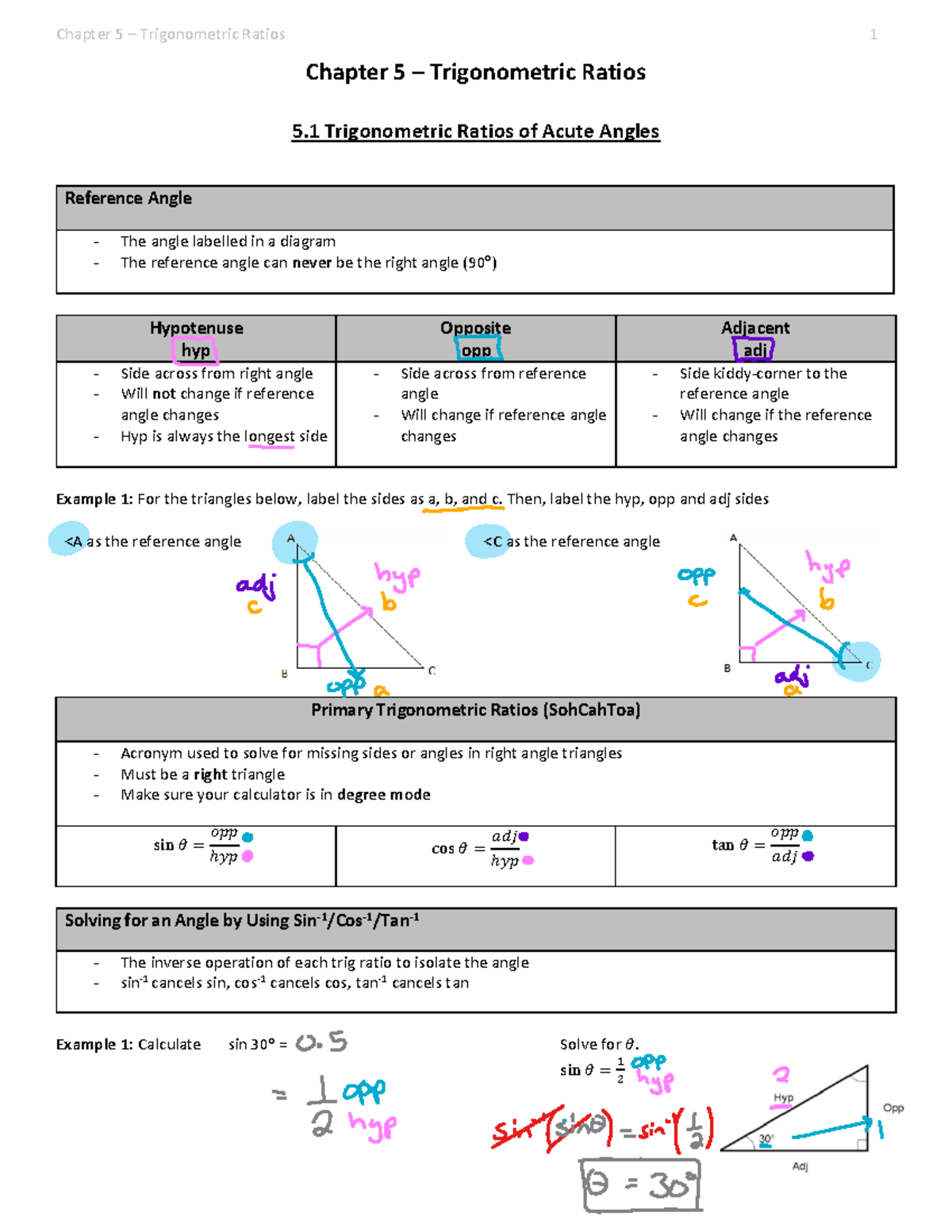 Ch 5- notes filled - Chapter 5 – Trigonometric Ratios 5 Trigonometric ...