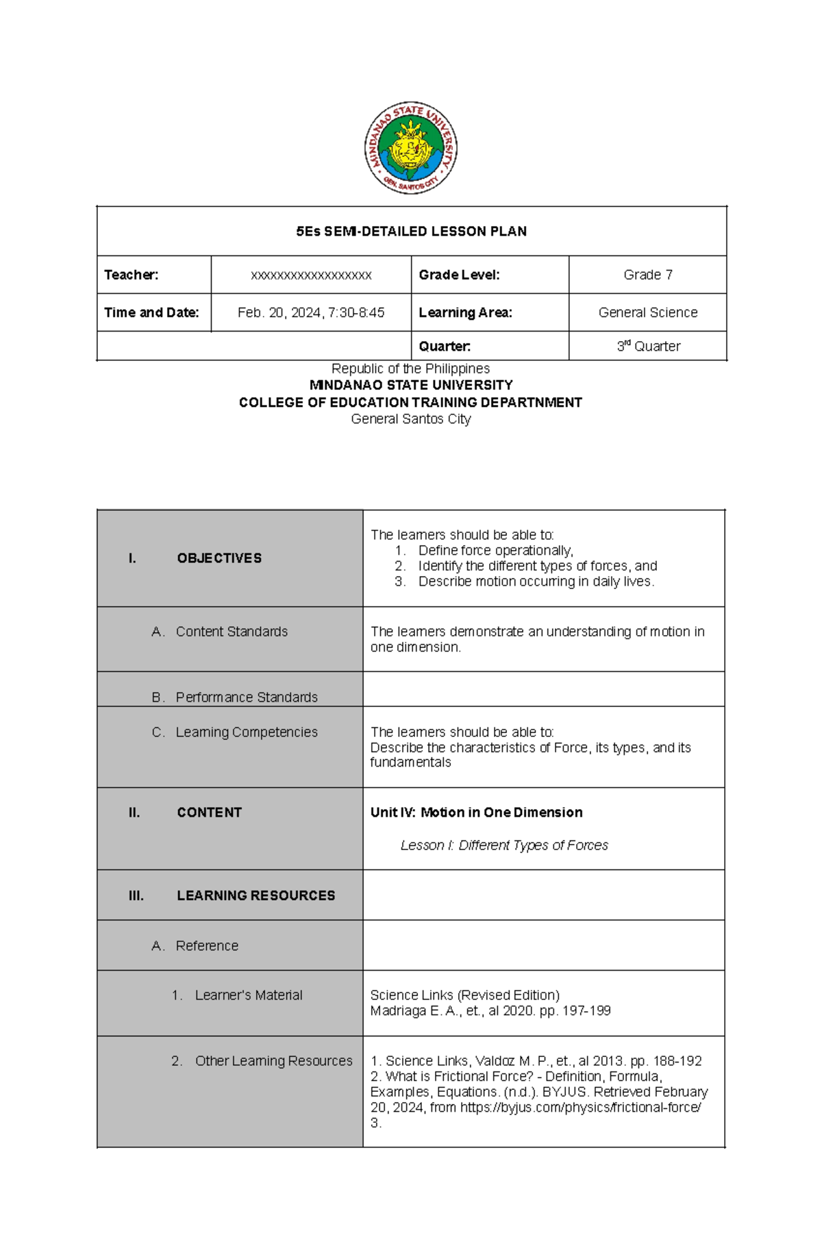 Grade 7 Science Lesson Lesson Plan (L1P1) - 5Es SEMI-DETAILED LESSON ...