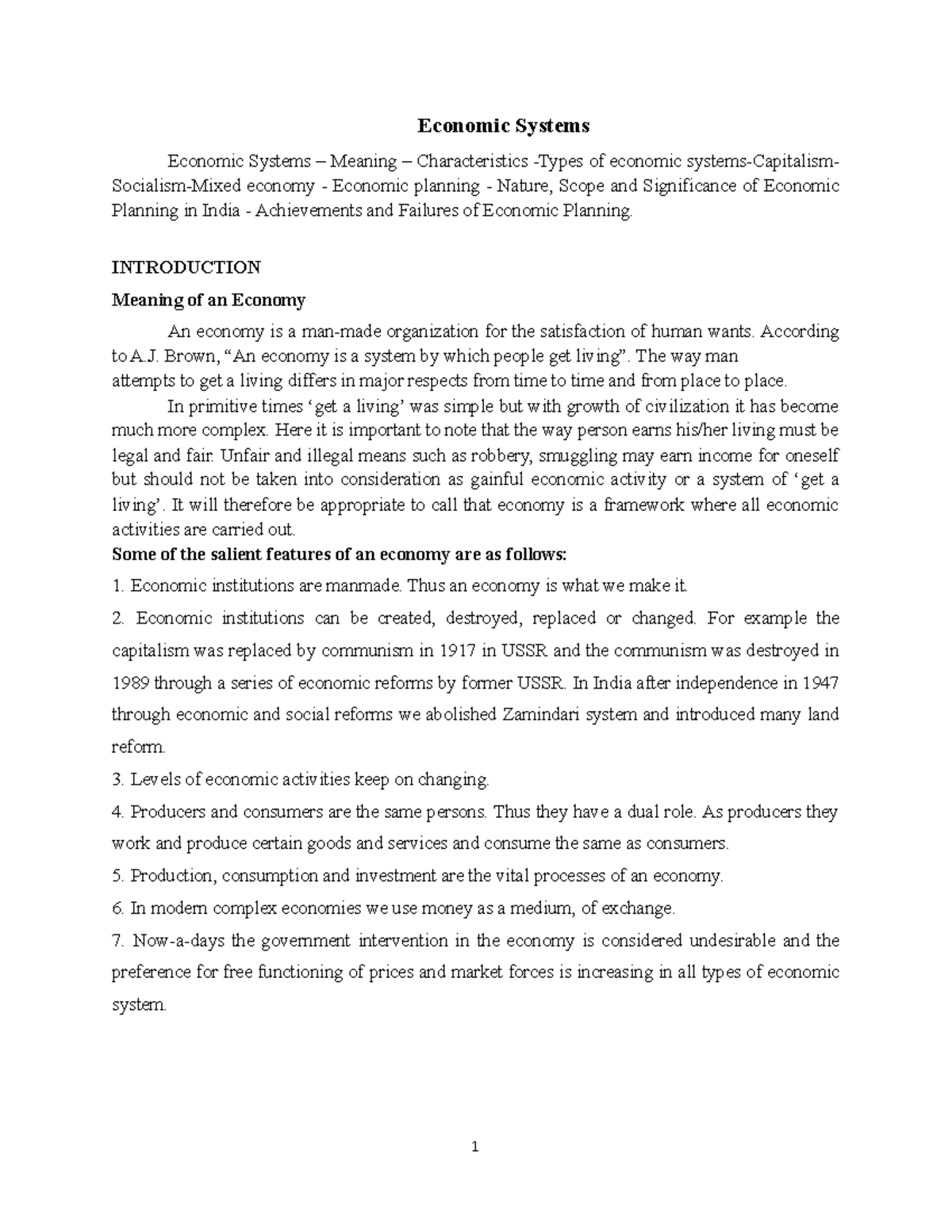 Unit-3 - Economic Systems – Meaning – Characteristics -Types of ...