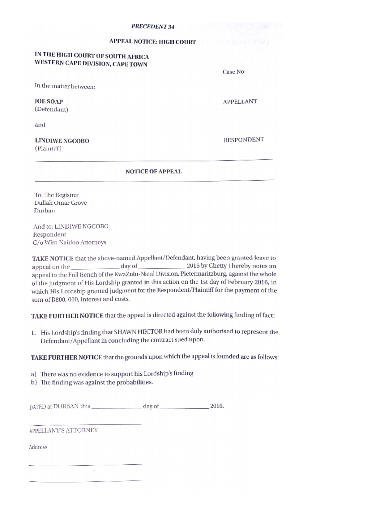 Draft - Notice of Appeal - iuri376 - Studocu