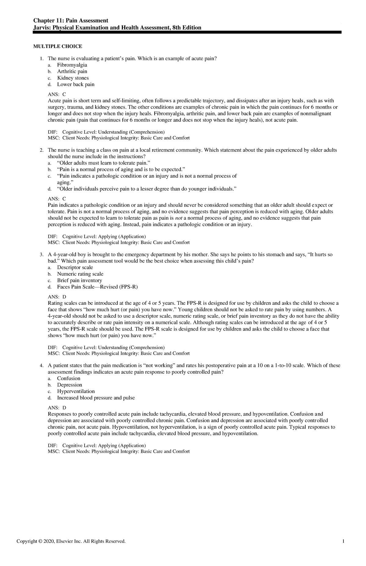 Exam View - Chapter 11 - Chapter 11: Pain Assessment Jarvis: Physical ...