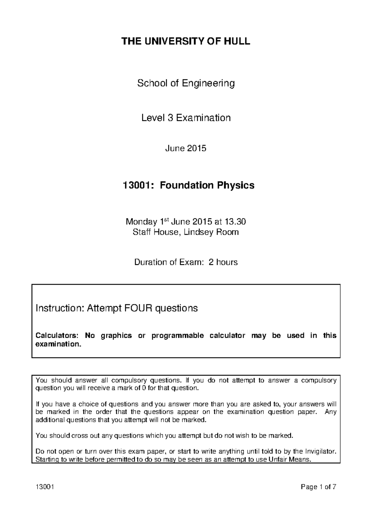 Exam 1 January 2015, questions - THE UNIVERSITY OF HULL School of ...