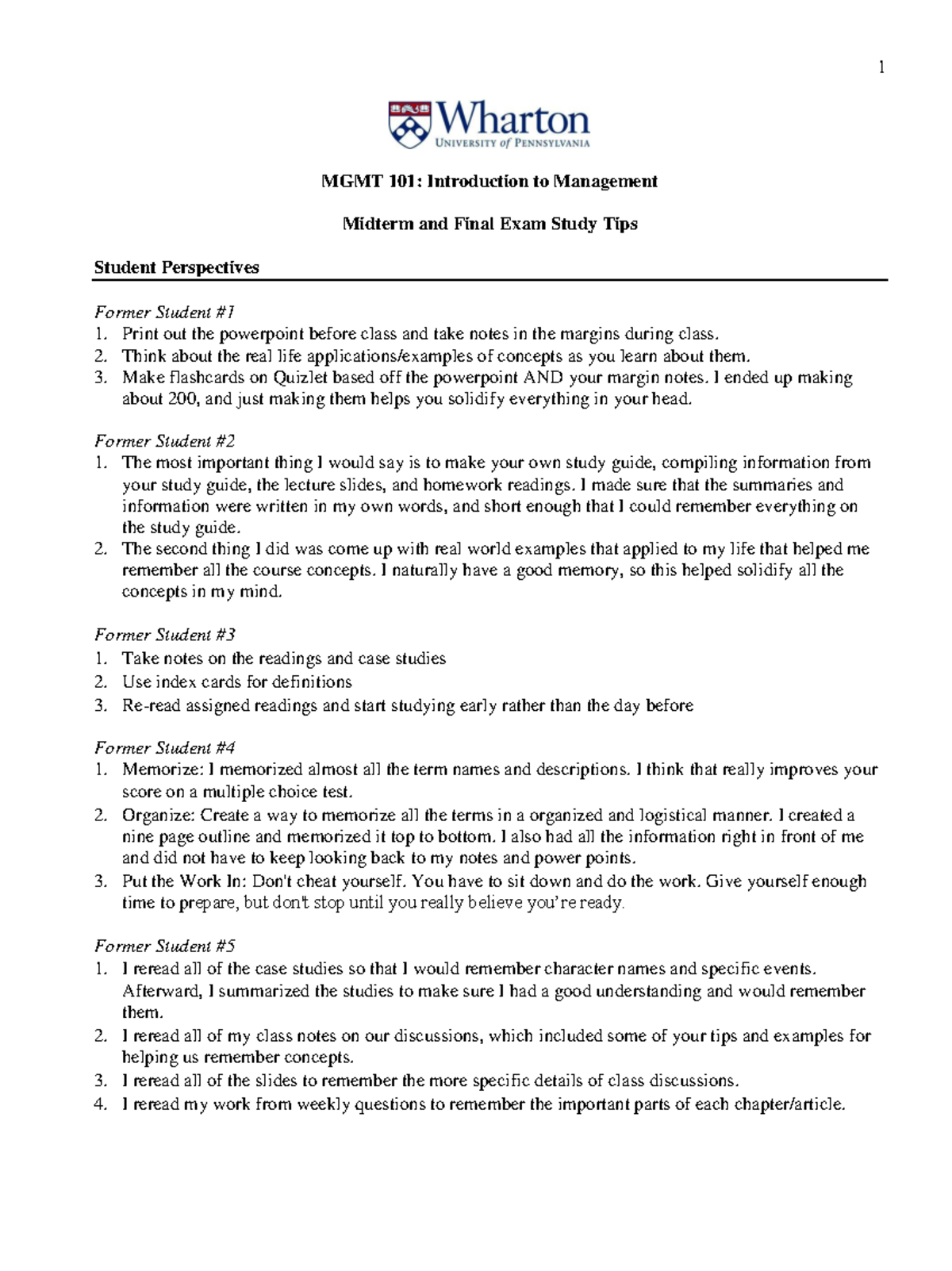 Exam Study Tips - MGMT 101: Introduction to Management Midterm and ...