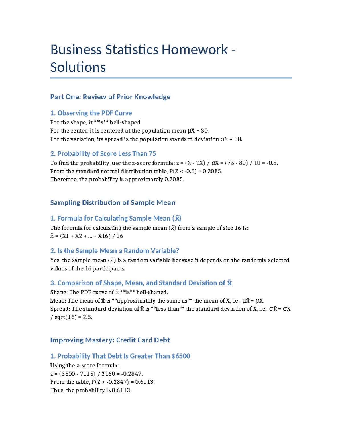 Business Statistics Homework Solutions - Observing the PDF Curve For ...