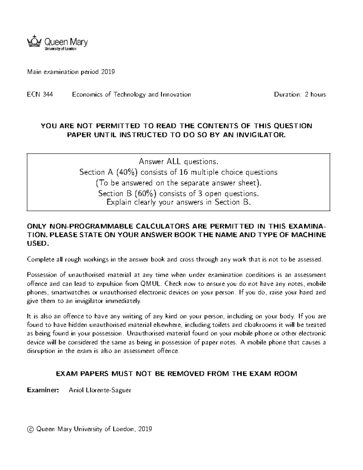 2018-2019 - Past Paper - Main examination period 2019 ECN 344 Economics ...