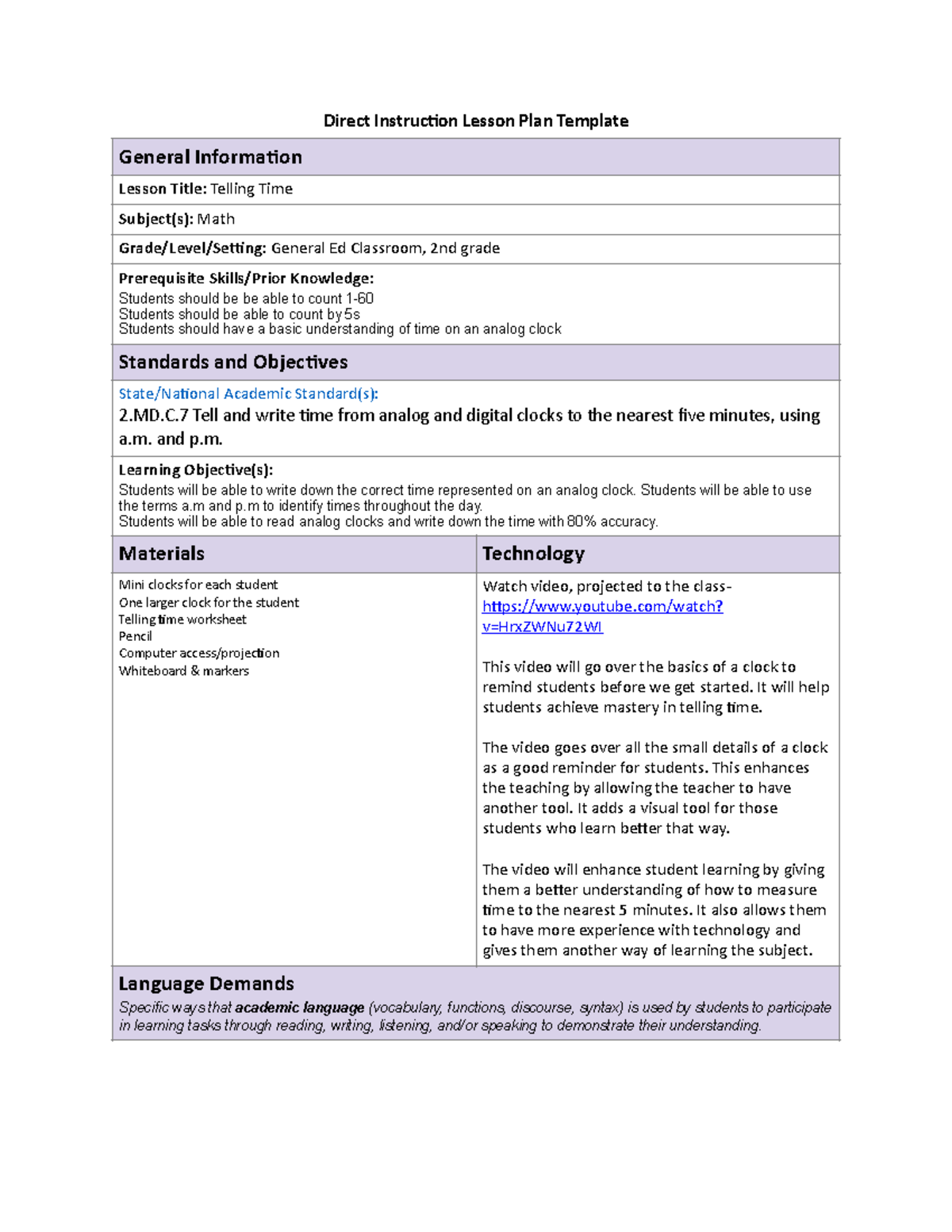Task 1- Math lesson plan - Direct Instruc,on Lesson Plan Template General Informa,on Lesson ...