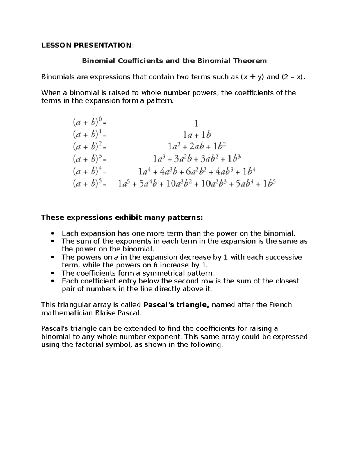 Binomial Theorem (Lecture 35 - Module 1_ - biochem - OLFU - Studocu