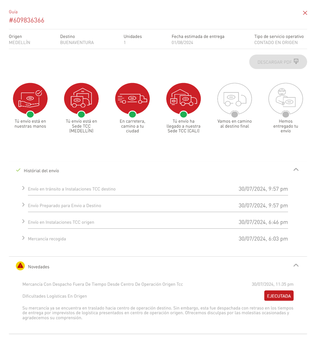 Rastreo DOC Originales - Guía X Origen Destino Unidades Fecha estimada de entrega Tipo de ...