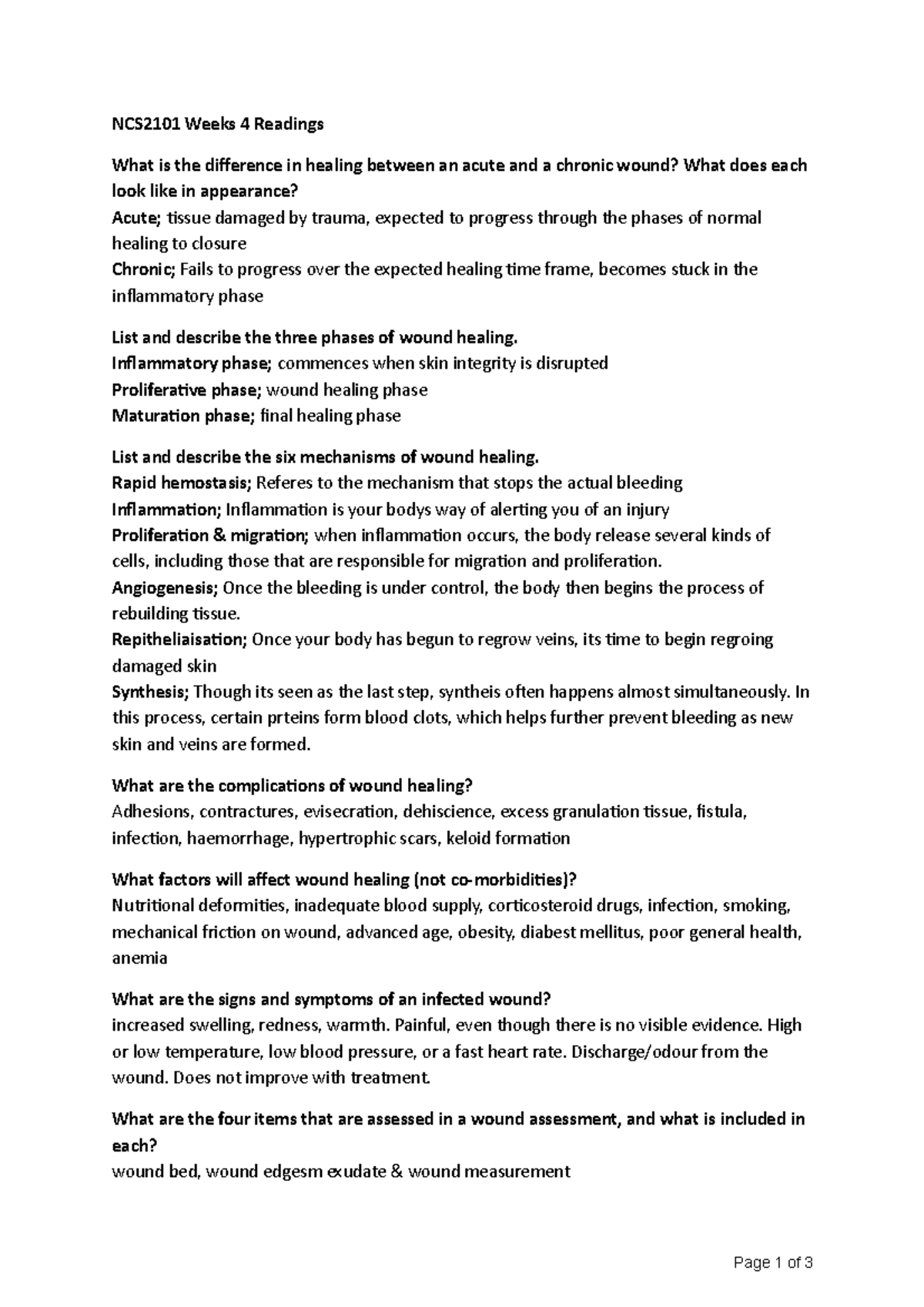 NCS2101- Week 4 - Inflammatory phase; commences when skin integrity is ...