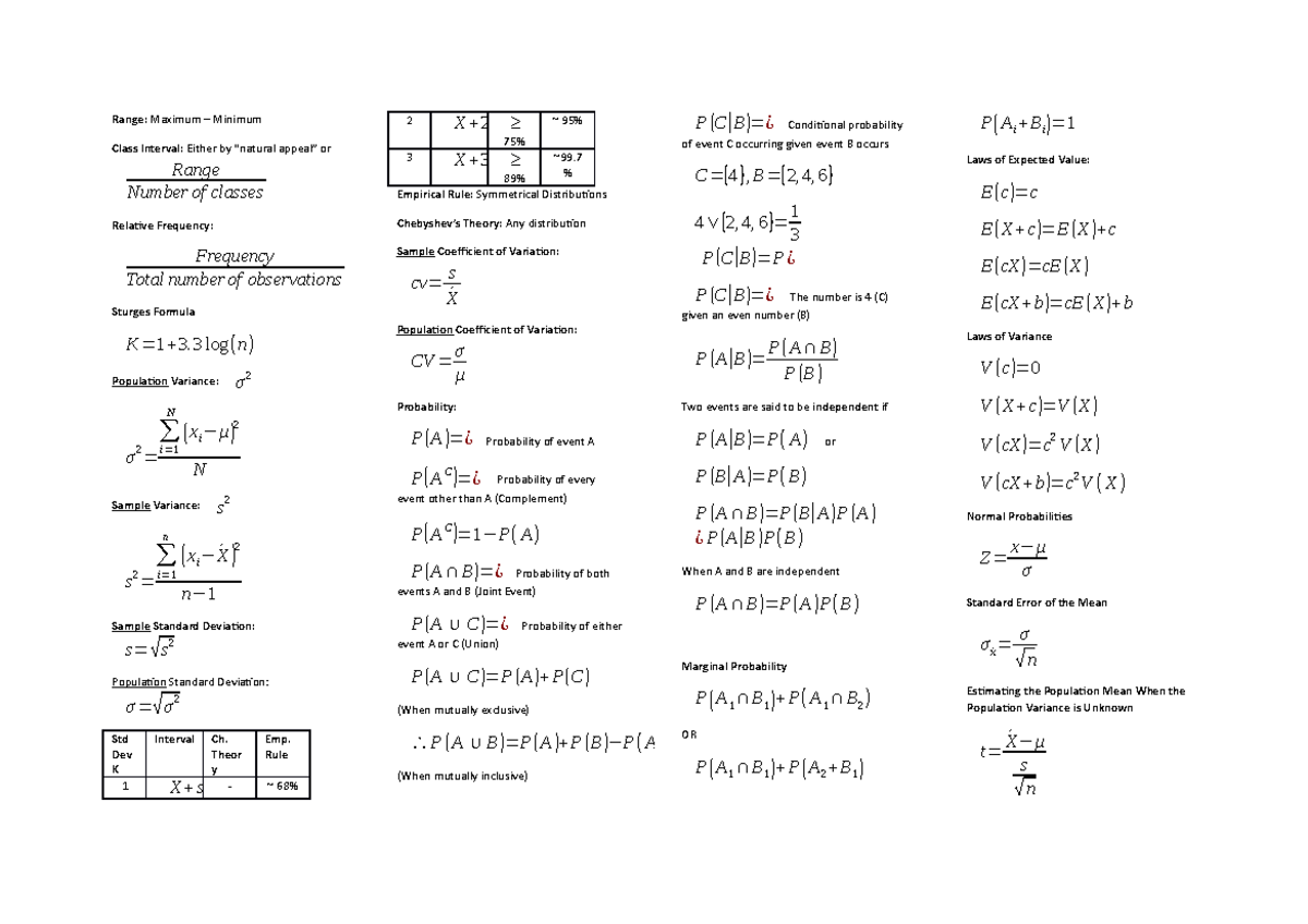 Cheat Sheet Prep - Range: Maximum Minimum Class Interval: Either or ...