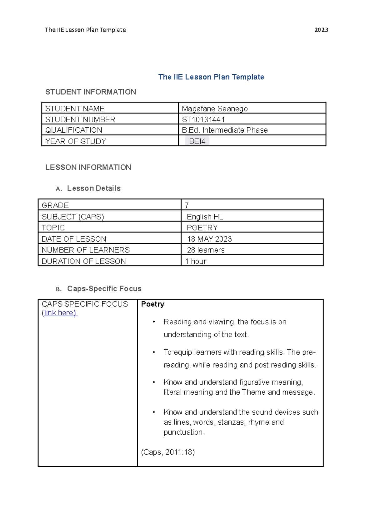 English lesson 1 - The IIE Lesson Plan Template STUDENT INFORMATION ...