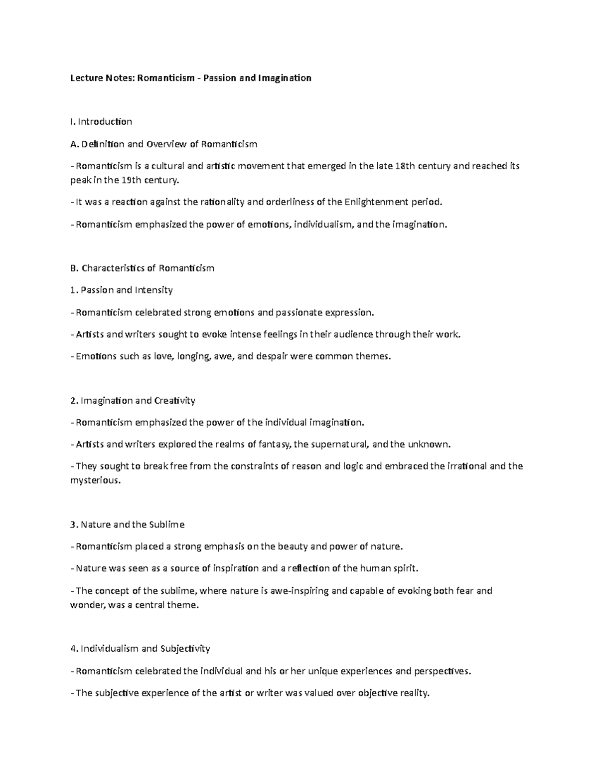 Lecture Notes: Romanticism - Passion and Imagination - Introduction A ...