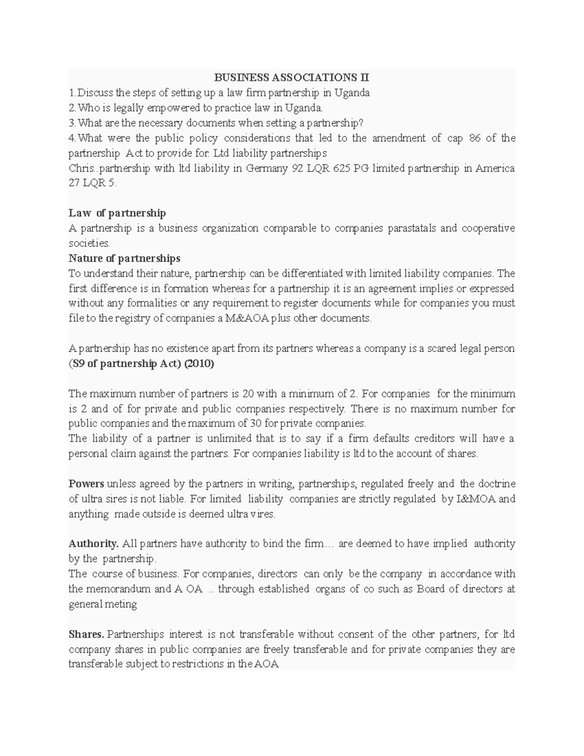 Business Associations II ON Partnership - BUSINESS ASSOCIATIONS II 1 the steps of setting up a ...