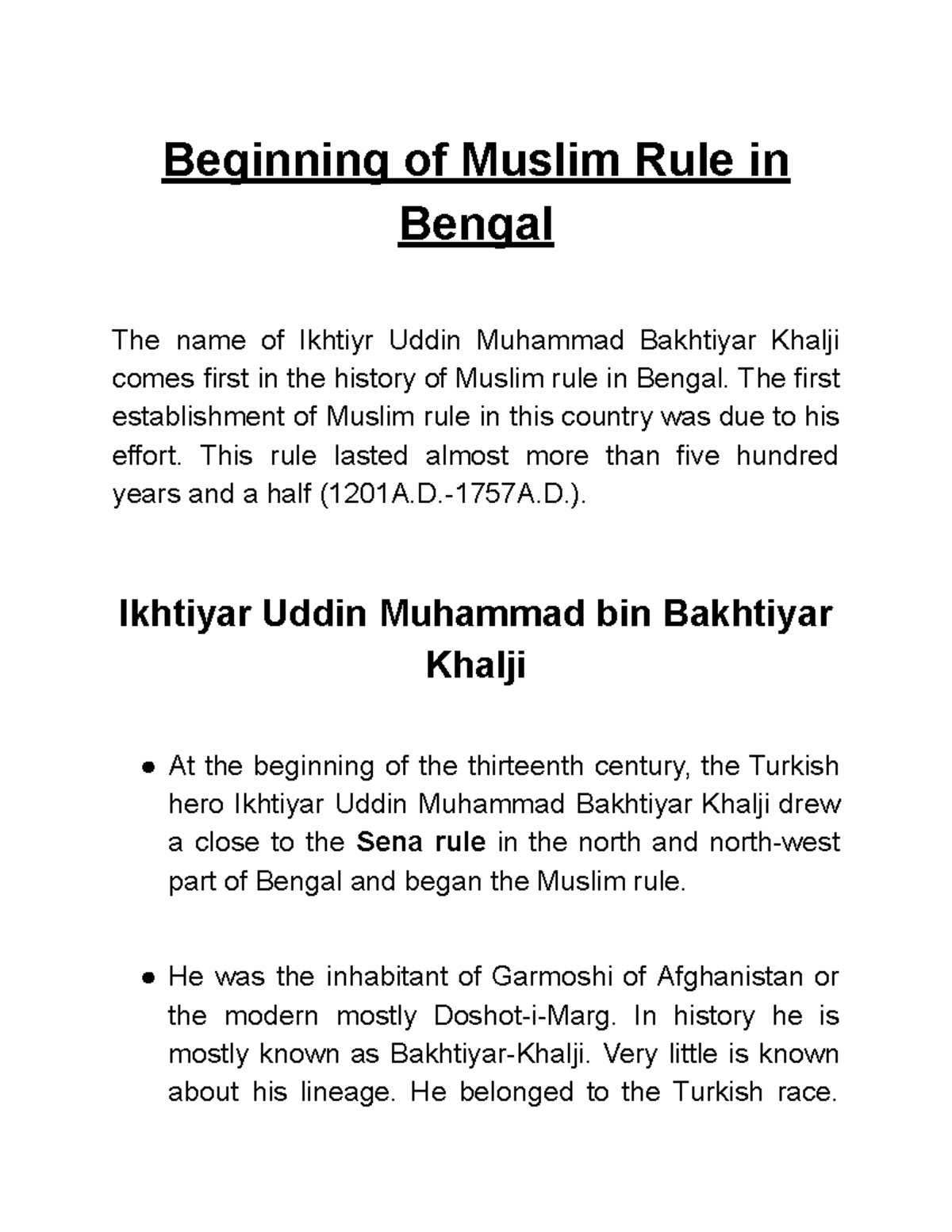 Beginning of Muslim Rule in Bengal - Beginning of Muslim Rule in Bengal ...