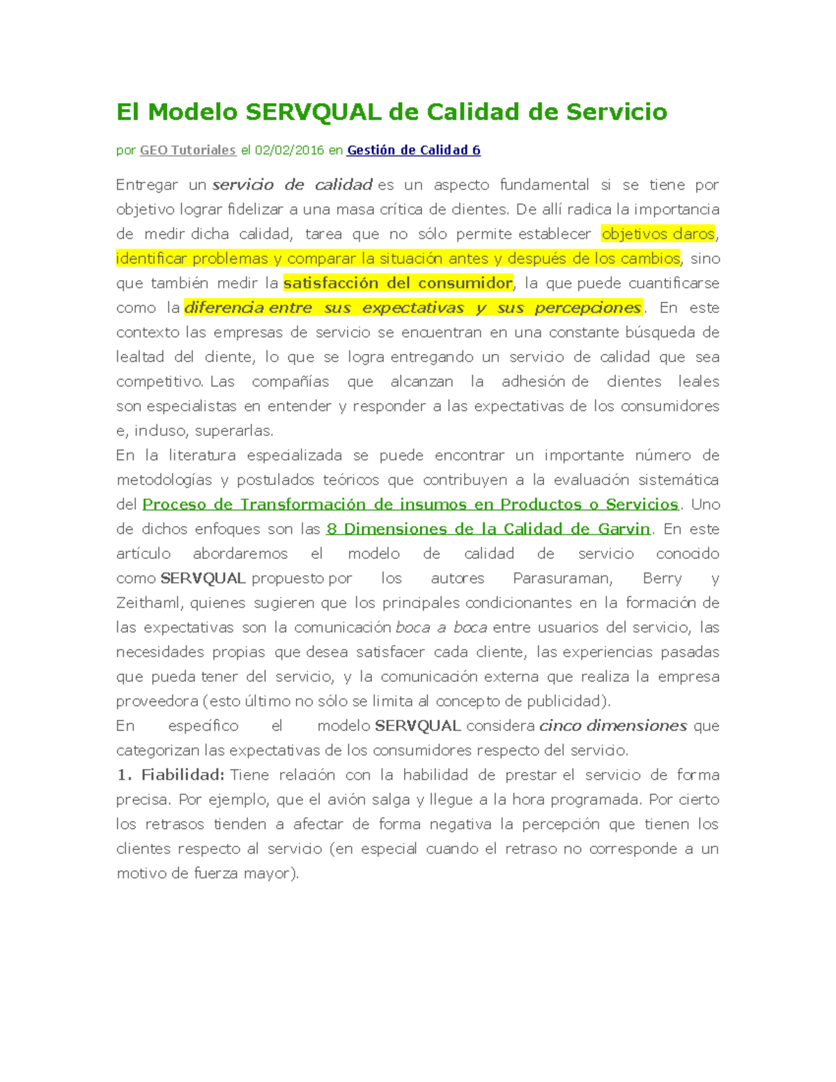 El Modelo Servqual de Calidad de Servicio - El Modelo SERVQUAL de ...