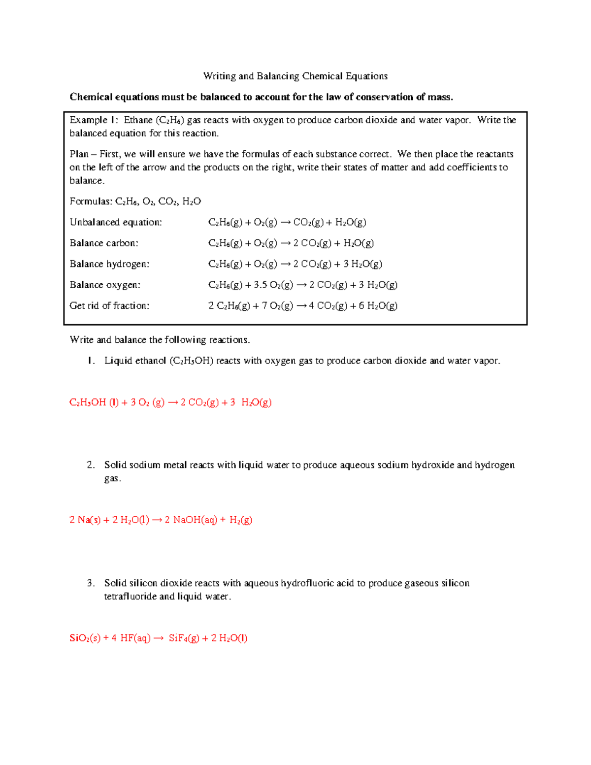 7.a Writing and Balancing equations key - Writing and Balancing ...