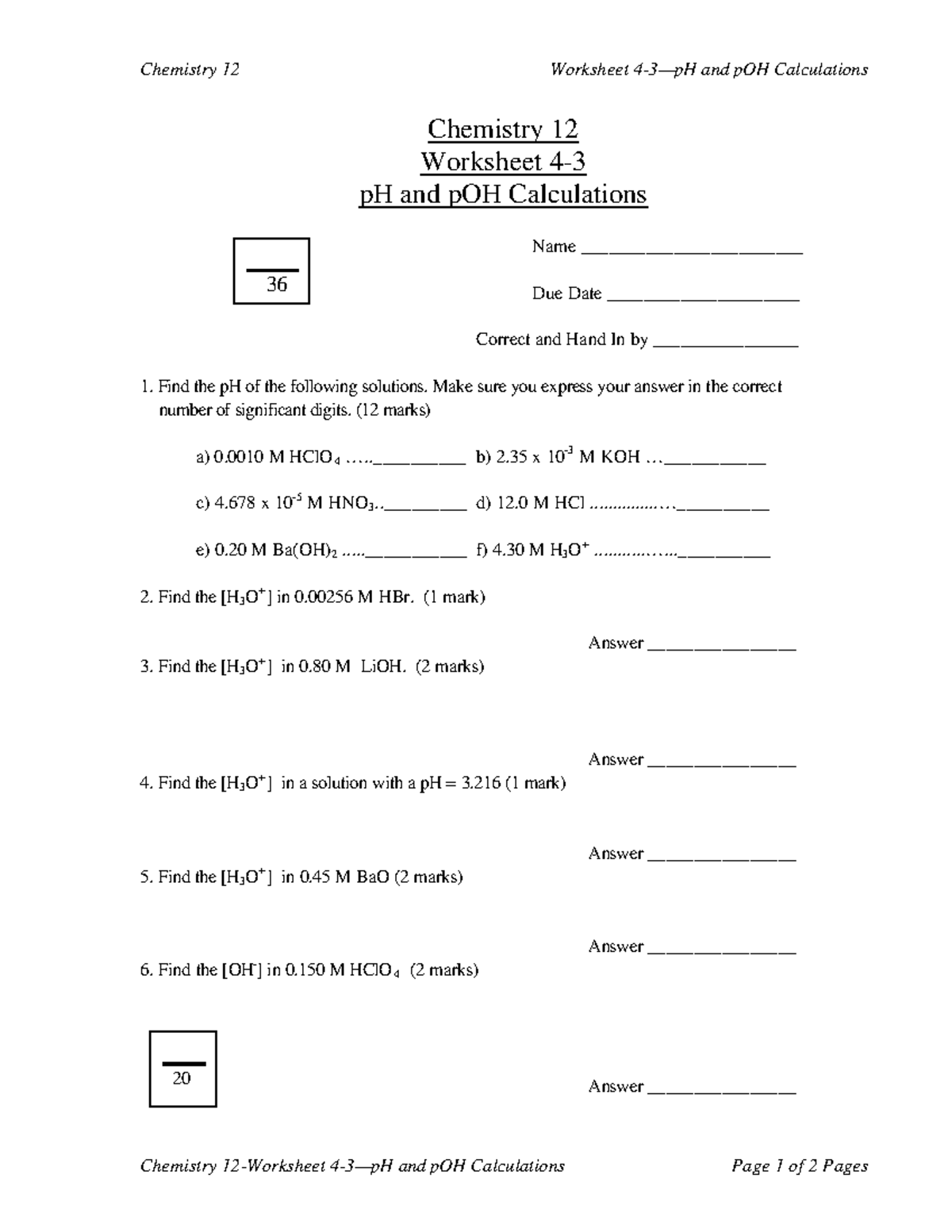 PH Calculation MEGA 2021 - Chemistry 12 Worksheet 4-3—pH and pOH ...