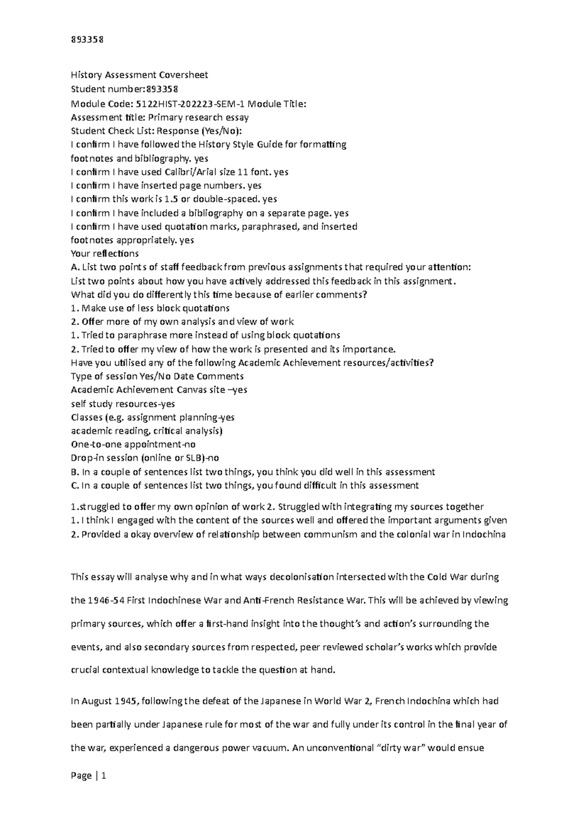 Primary Research Essay- Indochinese Decolonisation AND THE COLD WAR 2 ...