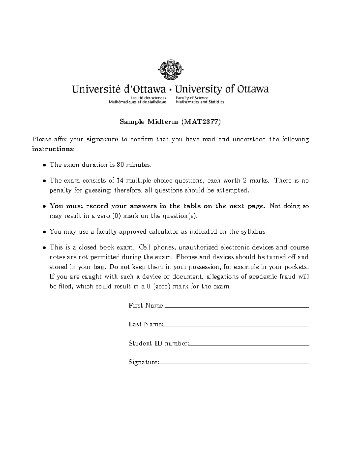Mat2377 W2024 Sample Midterm - Sample Midterm (MAT2377) Please affix ...