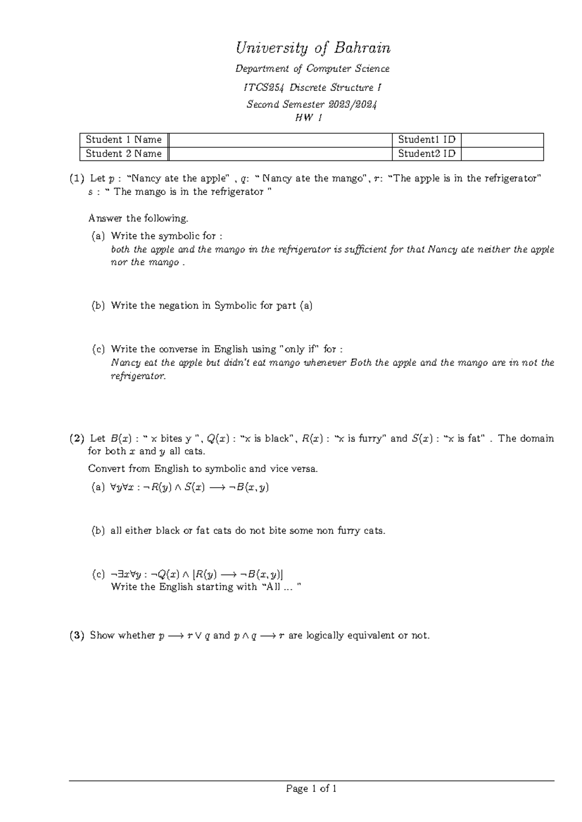 HW1 - University of Bahrain Department of Computer Science ITCS254 ...