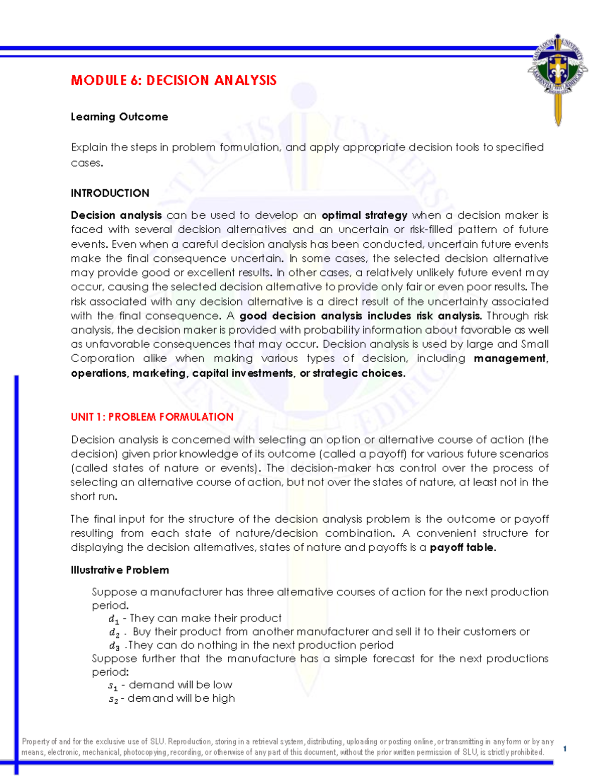 Module 6 Decision Analysis - Property of and for the exclusive use of ...